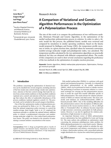 Pdf Optimization Of A Tubular Reactor For Mma Polymerization In Solution