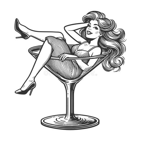 Retro Pin Up Girl Sitting In Martini Glass Vector Stock Vector Illustration Of Party