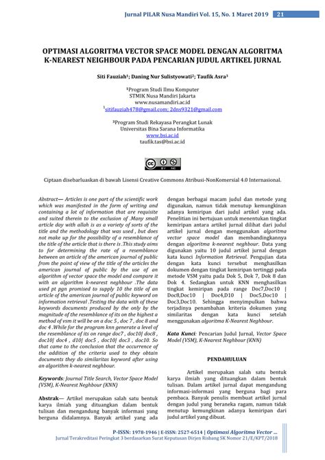 Pdf Optimasi Algoritma Vector Space Model Dengan Algoritma K Nearest Neighbour Pada Pencarian