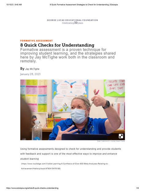 8 Quick Formative Assessment Strategies To Check For Understanding Edutopia Cohort Pdf