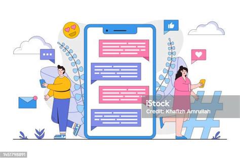 플랫 채팅 및 사람들 캐릭터 개념과의 메시지 개요 디자인 스타일 방문 페이지 웹 배너 인포그래픽 영웅 이미지에 대한 최소한의 벡터 그림 공동체에 대한 스톡 벡터 아트 및