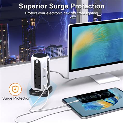 Tower Extension Lead With Usb Slots 12 Way Multi Plug Extension Tower Max 3250w Capacity Surge