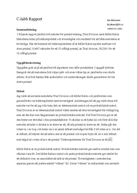 C Labb Rapport C Labb Om Primtalstest C Labb Rapport Sammanfattning I Följande Rapport