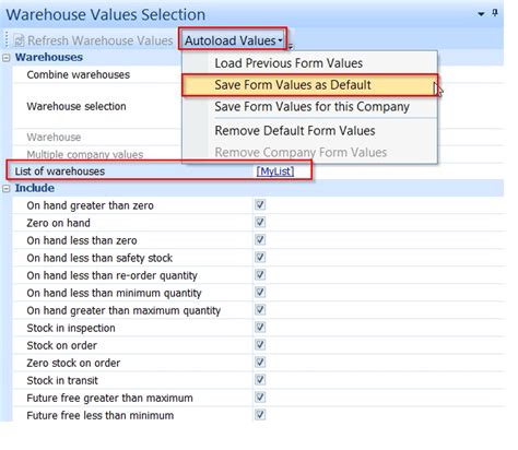 saving default values for define lists in forms