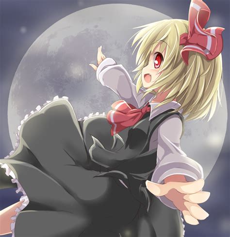 Safebooru 1girl Ascot Baku Ph Blonde Hair Fang Full Moon Hair Ribbon