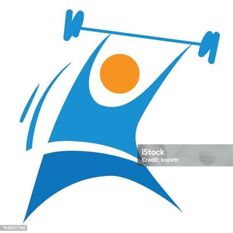 로고 바벨이 머리 위로 파란색으로 올라간 역도 선수의 양식화된 인물 스포츠 대회 올림피아드 흰색 배경에 고립된 개체 벡터 근육질 체격에 대한 스톡 벡터 아트 및 기타 이미지