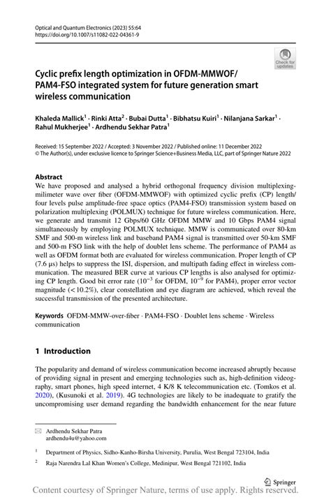 Cyclic Prefix Length Optimization In Ofdm Mmwofpam4 Fso Integrated System For Future Generation