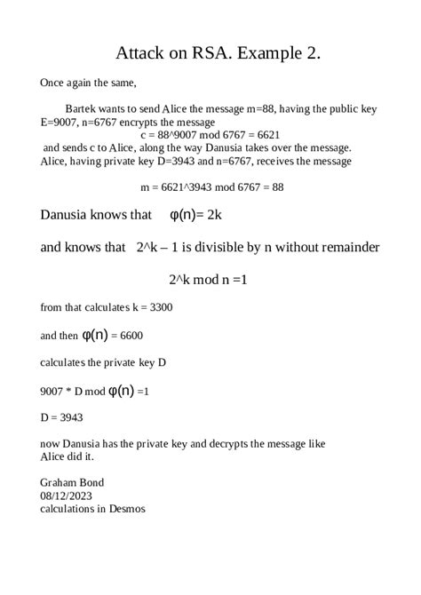 Pdf Attack On Rsa Example 2 Graham Bond