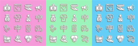 세트 라인 기부 및 자선 단체 마음으로 배달 트럭 도움말 표시 음식 옷 기부 약병 알약 응급 처치 키트 및 자원 봉사자 아이콘 벡터 건강관리와 의술에 대한 스톡 벡터 아트