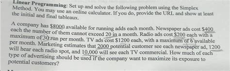 Solved Linear Programming Set Up And Solve The Following