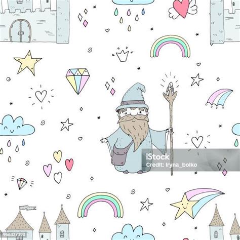 귀여운 손 마법사 그려진된 완벽 한 패턴입니다 벡터 인쇄 공 스포츠 장비에 대한 스톡 벡터 아트 및 기타 이미지 공 스포츠 장비 귀여운 긴 Istock