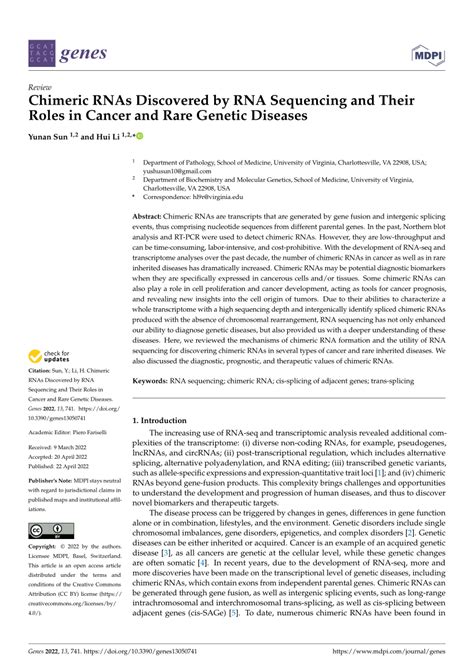 Pdf Chimeric Rnas Discovered By Rna Sequencing And Their Roles In Cancer And Rare Genetic Diseases