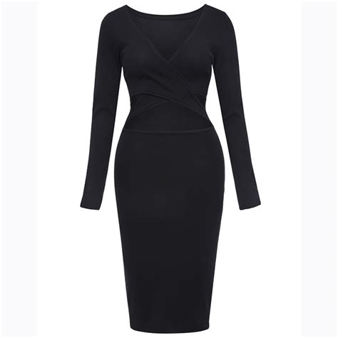 Womens Sexy Black Long Sleeve Deep V Neck Cut Out Bodycon Dress N15782