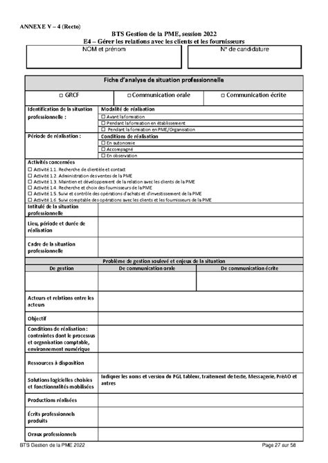 Bts Gpme E4 Fiche Danalyse De Situation Professionnelle Bts