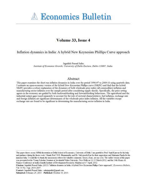 Pdf Inflation Dynamics In India A Hybrid New Keynesian Phillips Curve Approach