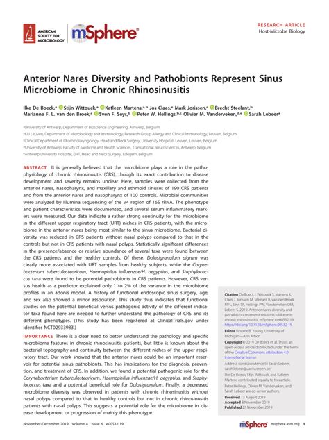 Pdf Anterior Nares Diversity And Pathobionts Represent Sinus