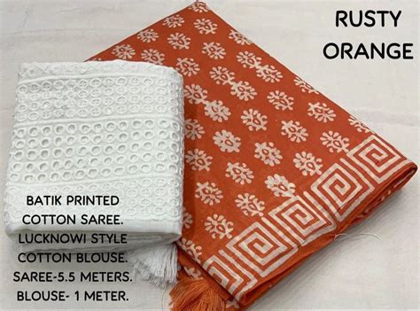 Block Print Sarees With Blouse Piece 5 5 M Separate Blouse Piece At