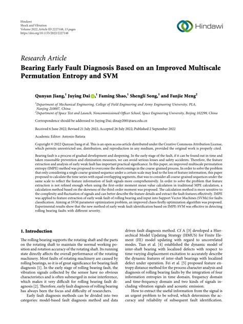 Pdf Bearing Early Fault Diagnosis Based On An Improved Multiscale Permutation Entropy And Svm