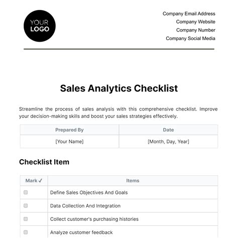 Free Sales Analytics Checklist Template Edit Online And Download