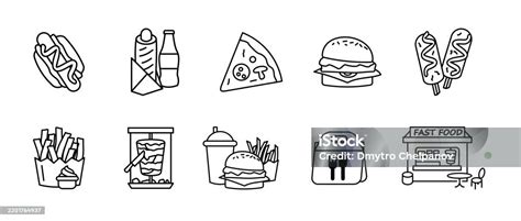 패스트 푸드 아이콘 세트입니다 햄버거 감자 튀김 피자 및 테이크 아웃 식사 기호 모음 길거리 음식 스낵 및 빠른 서비스 레스토랑 벡터 일러스트 레이 션 정크 푸드 및 배달