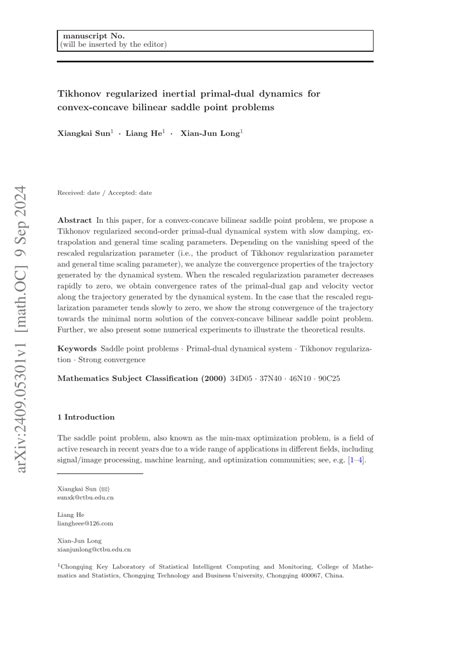 PDF Tikhonov Regularized Inertial Primal Dual Dynamics For Convex