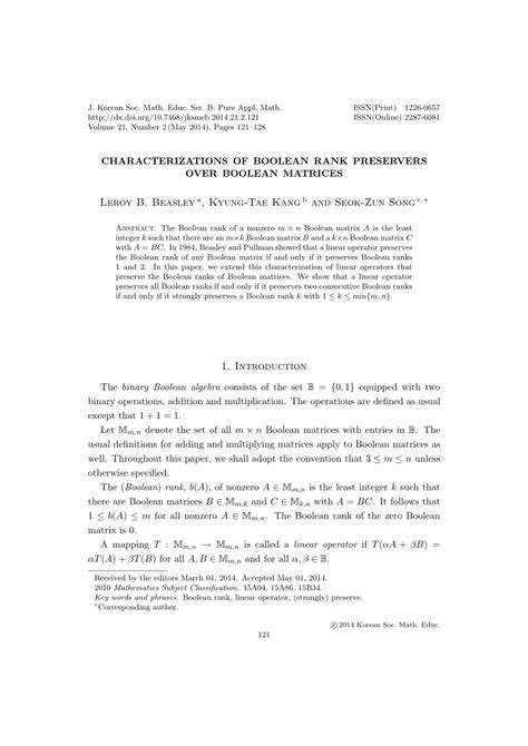 Pdf Characterizations Of Boolean Rank Preservers Over Boolean Matrices