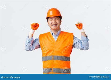 Building Sector And Industrial Workers Concept Successful Winning Asian Chief Engineer Finish
