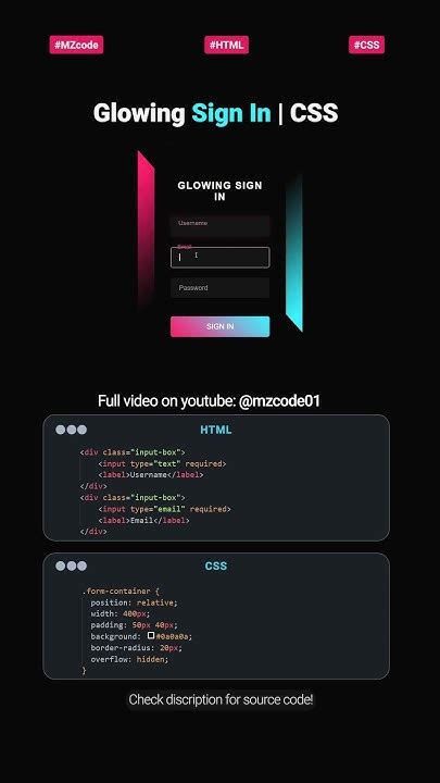 Responsive Glowing Sign In Page Html Css Neon Effects Mzcode01