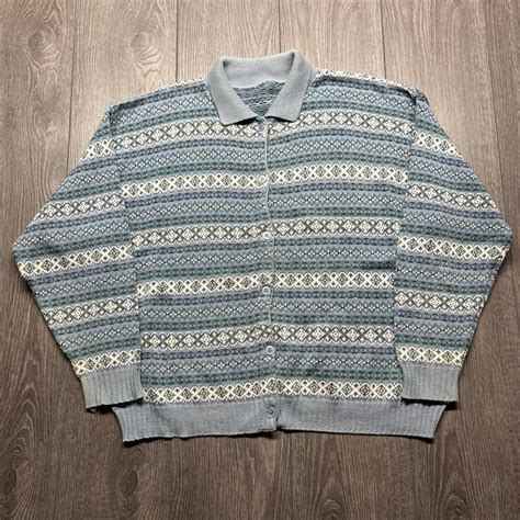 Vintage 1990s Knit Collared Button Sweater Jumper Blue Aztec Pattern