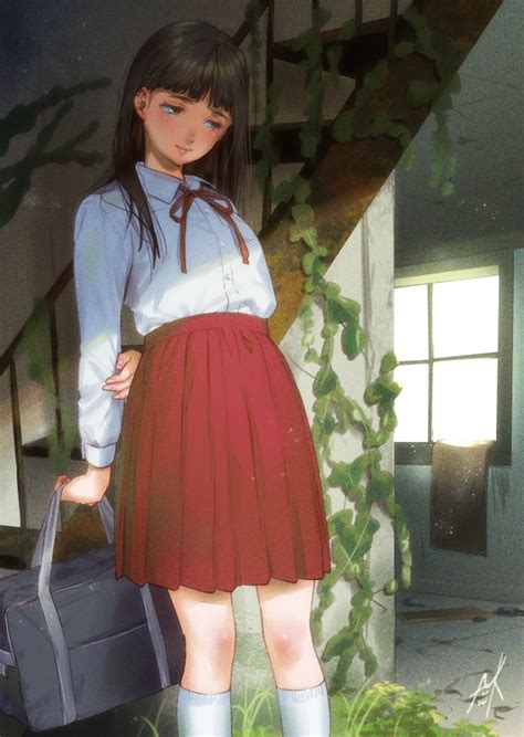 Safebooru Arm Behind Back Bag Bangs Black Eyes Black Hair Blunt Bangs