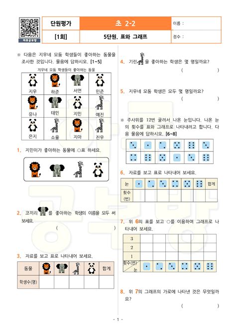 무료 수학프린트 학습지 [초2 2] Ⅴ 표와 그래프 [단원평가 1회]