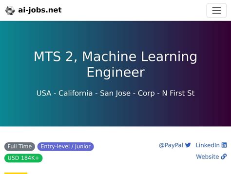 Hiring Mts 2 Machine Learning Engineer In Usa California San Jose Corp N First St R