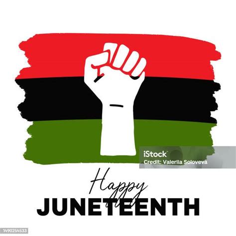 흑인 역사의 달 깃발에 자유의 날과 아프리카계 미국인 독립 기념일을 상징하는 꽉 쥔 주먹 행복한 Juneteenth 흰색에 격리된 벡터 그림 1865년에 대한 스톡 벡터