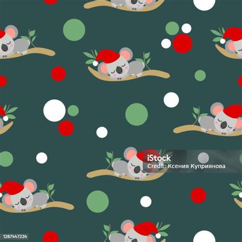 유칼립투스 지점에서 자고있는 빨간 크리스마스 모자에 코알라 아기와 원활한 패턴 타이드워터 그린 배경 흰색 빨간색 및 녹색 색종이 엽서 섬유 벽지 및 포장지 가공의 인물에