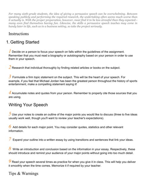 Persuasive Speech Guide For 6th Grade Students