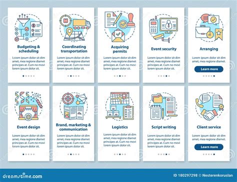 Event Management And Planning Service Onboarding Mobile App Page Screen With Linear Concepts