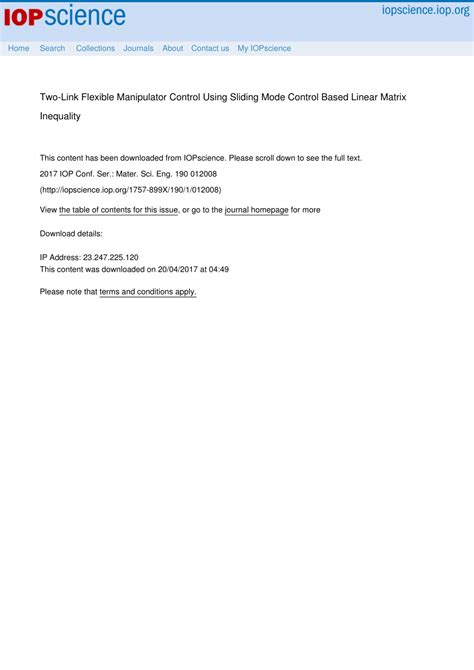 Pdf Two Link Flexible Manipulator Control Using Sliding Mode Control Based Linear Matrix