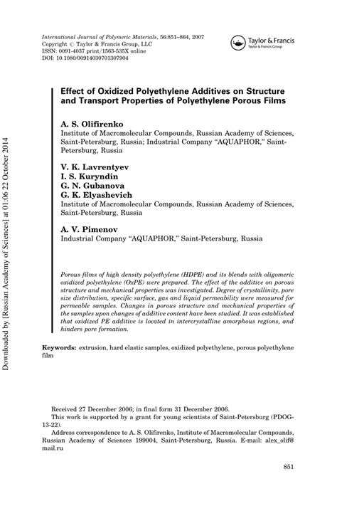 Pdf Effect Of Oxidized Polyethylene Additives On Structure And Transport Properties Of