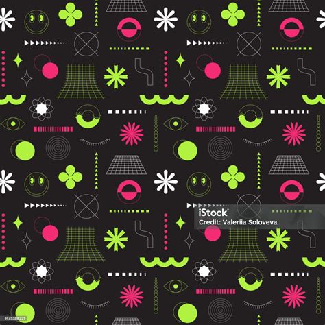 분홍색과 녹색의 매끄러운 패턴은 네온 산성 추상 기하학적 대담하고 선형적인 모양입니다 잔인함 복고풍 미래파 스타일 영감 웹 디자인 커버 섬유 검은 벡터 그림 0명에 대한