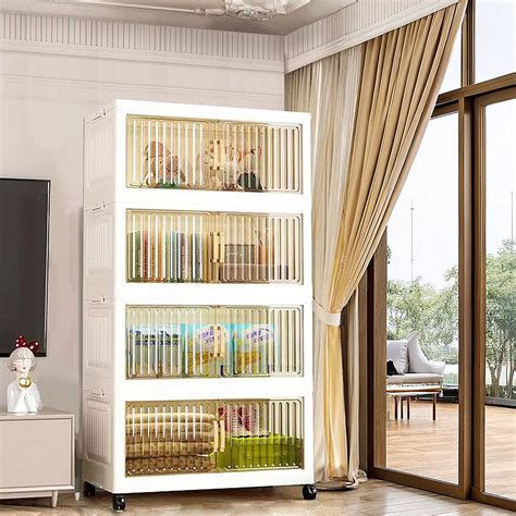 Mrbox 70面寬豎紋摺疊磁吸雙開門四層收納櫃 附滑輪 Pchome 24h購物