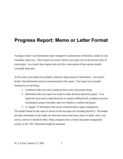 Progress Report Memo Or Letter Format