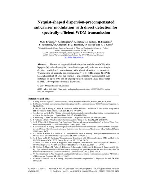 Pdf Nyquist Shaped Dispersion Precompensated Subcarrier Modulation With Direct Detection For