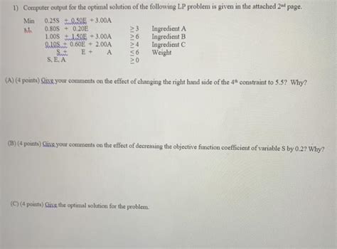 Solved 1 Computer Output For The Optimal Solution Of The
