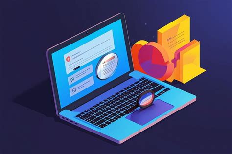 Flat 3d Isometric Laptop Computer With Folders And Magnifying Glass On Screen Data Analysis And