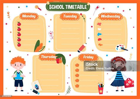 어린이를위한 매일 학교 시간표 수업주간 캘린더입니다 인쇄 가능한 학생 교육 차트 영어로 목록 일주일 동안 귀여운 템플릿 레슨 계획에 대한 스톡 벡터 아트 및 기타 이미지