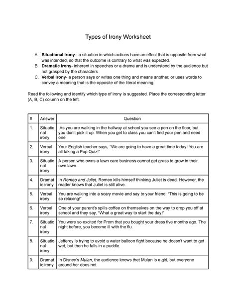 Types Of Irony Worksheet
