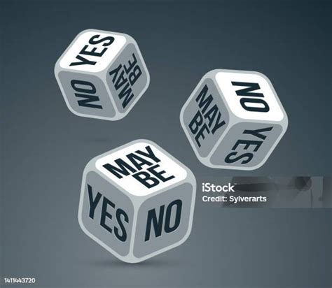 예 또는 아니오 또는 어쩌면 주사위 롤링 기회 벡터 일러스트레이션 결정을 내리고 개념 결정되지 않은 질문 아이디어를 말하십시오
