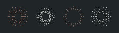 빈티지 태양 버스트 라이트 레이 폭발의 세트 로고 엠블럼 라벨용 힙스터 디자인 엘리먼트 검은 색 배경에 격리 된 원 광선 벡터