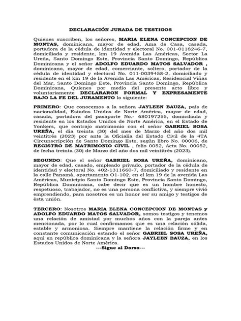 Declaración Jurada De Testigos Pdf República Dominicana Documento