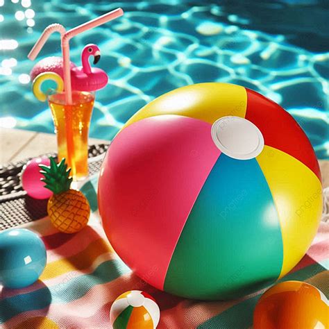 Colorful Beach Ball On Swimming Pool Water Inflatable Summer Vacation